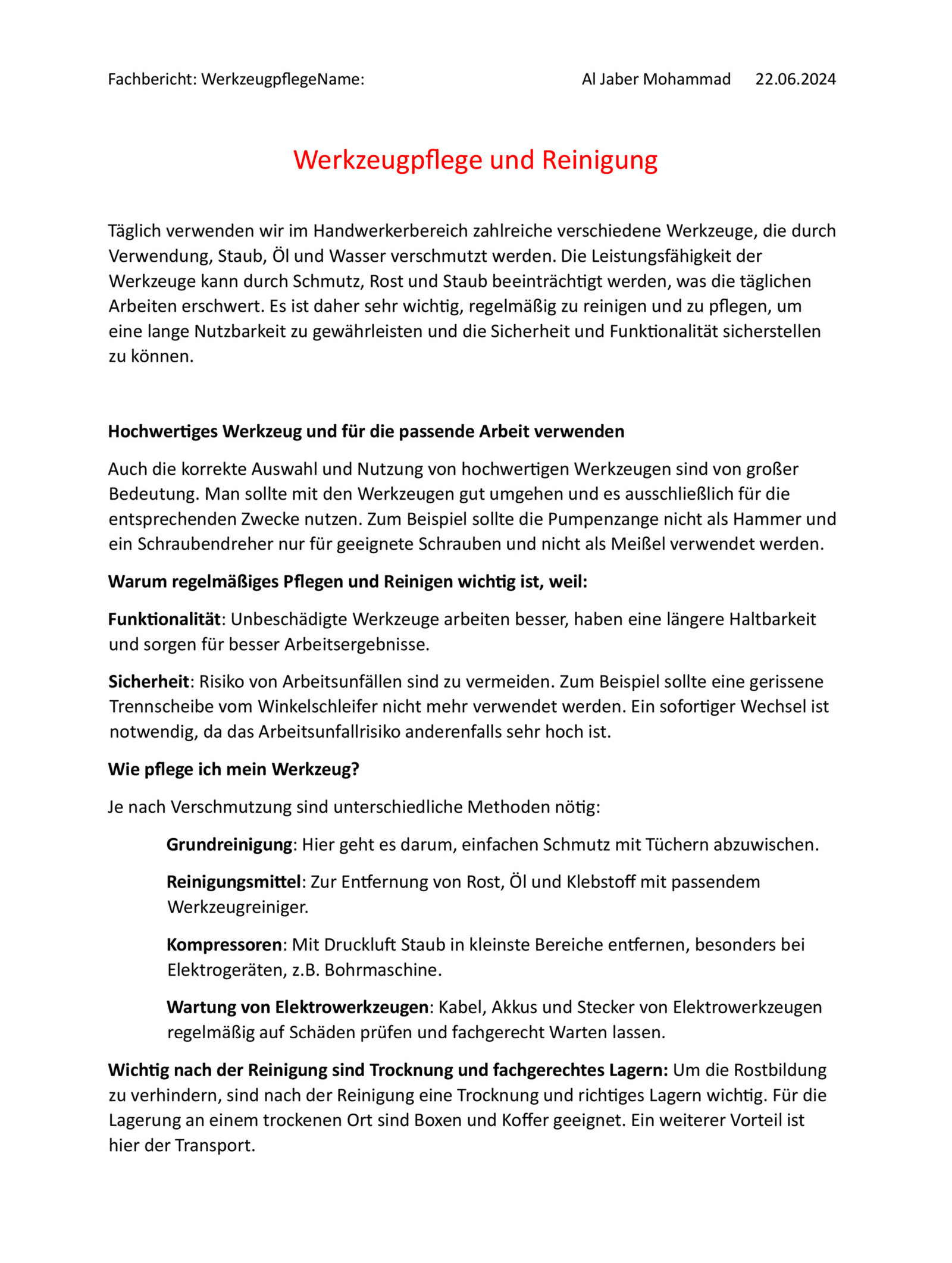 Für Auszubildende - Bericht Werkzeugpflege und Reinigung, Wochenbericht